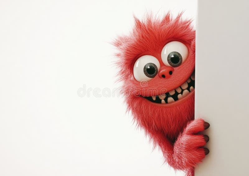 A Fluffy Cute Red Monster is Peeking Out from Behind a White Wall or ...