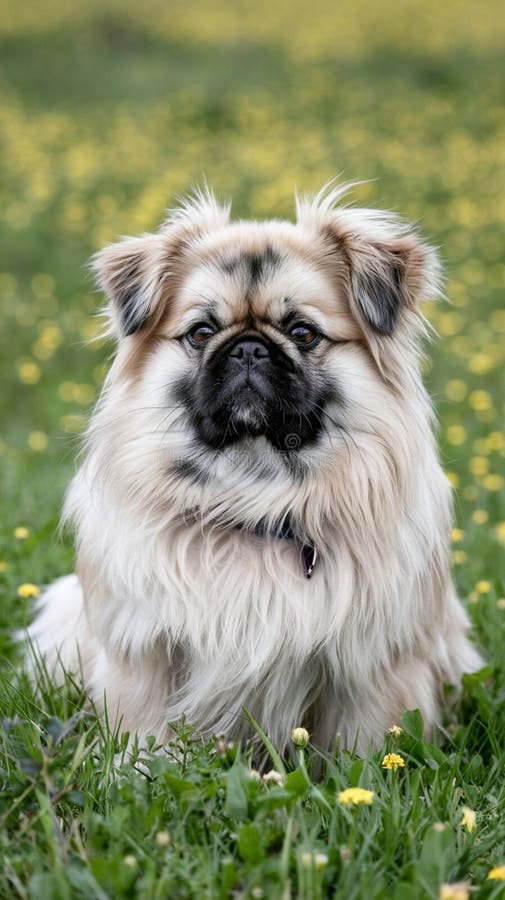 Fluffy Dog with Black Muzzle Sits in Field of Yellow Flowers, Relaxed ...