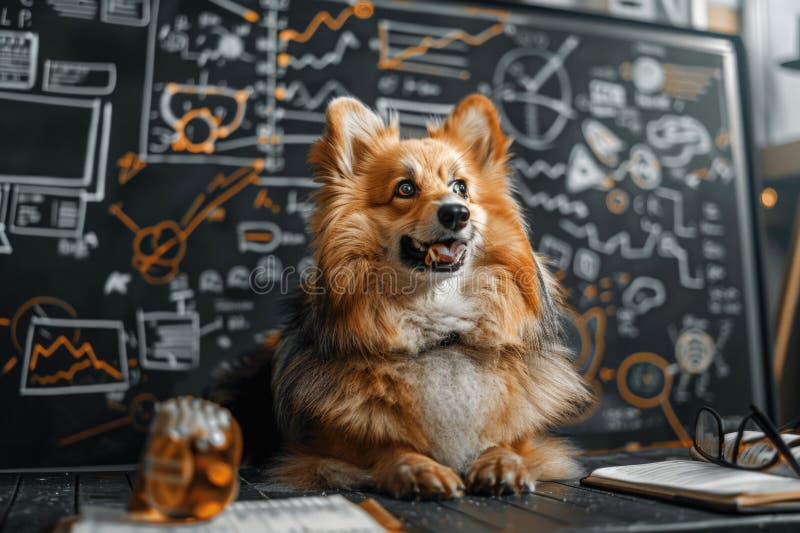 A Fluffy Dog with a Curious Expression Sits in Front of a Chalkboard ...