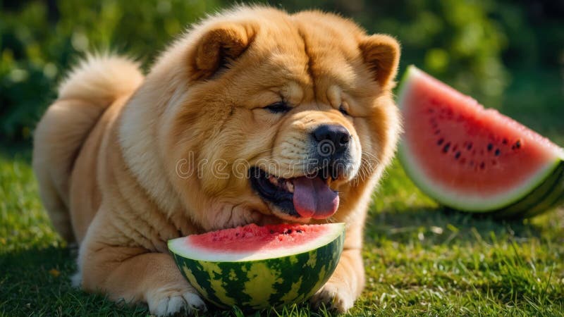 A Fluffy Dog Enjoying Watermelon on a Sunny Day in a Grassy Setting ...