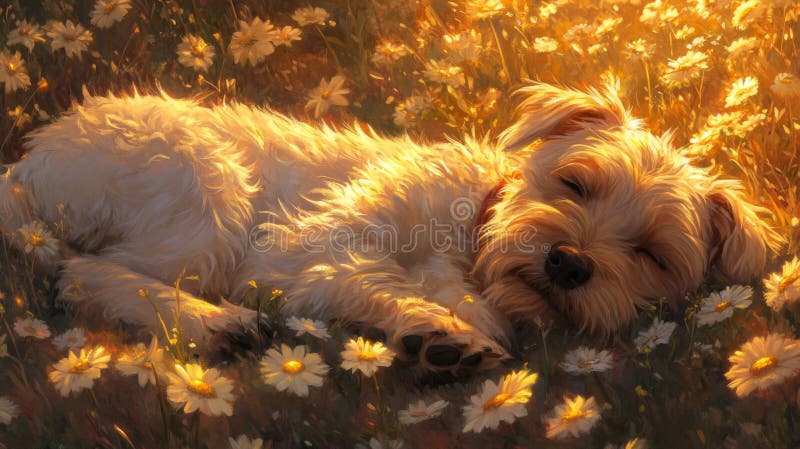 A Fluffy Dog Napping Peacefully Amidst Daisies Stock Illustration ...