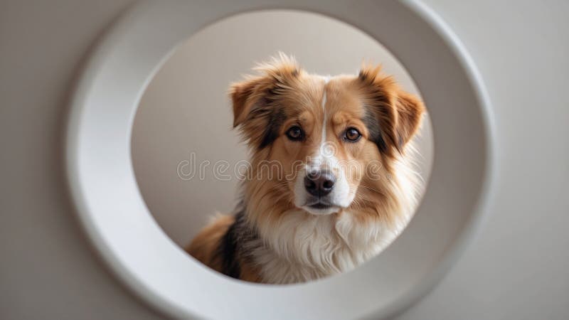 Fluffy Dog Peeking through Round Hole on White Wall. Stock Image ...