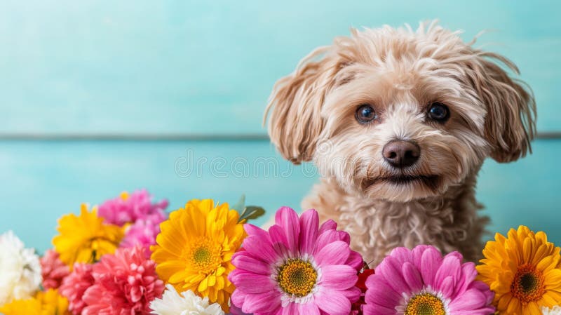 Fluffy Dog Posing among Vibrant Spring Flowers Stock Illustration ...