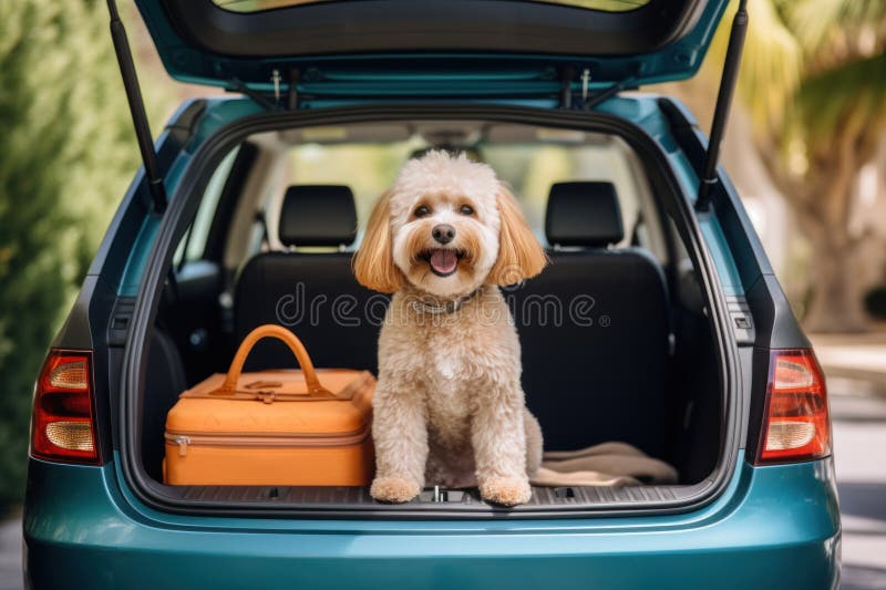 A Fluffy Dog Sits in a Car Trunk, Ready for a Journey. Stock Image ...