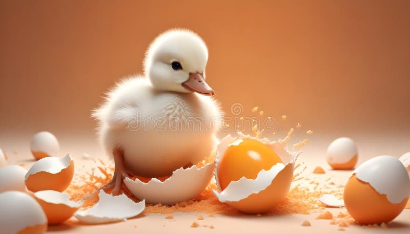 Fluffy Duckling Hatching from Eggshell. Newborn White Duckling among ...