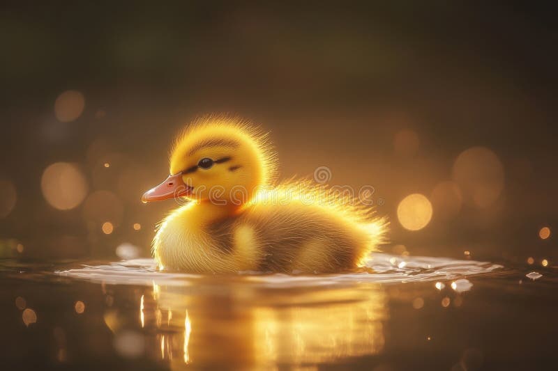 A Duckling Joyfully Wades through Shimmering Shallow Water at Sunset ...