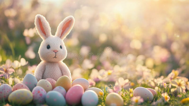 Fluffy Easter Bunny Amidst Pastel Eggs and Flowers Stock Illustration ...
