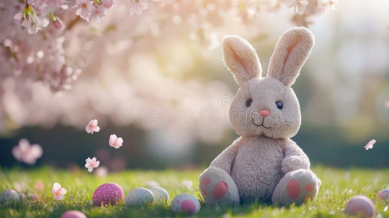 Fluffy Easter Bunny Amidst Spring Blossoms and Eggs Stock Illustration ...