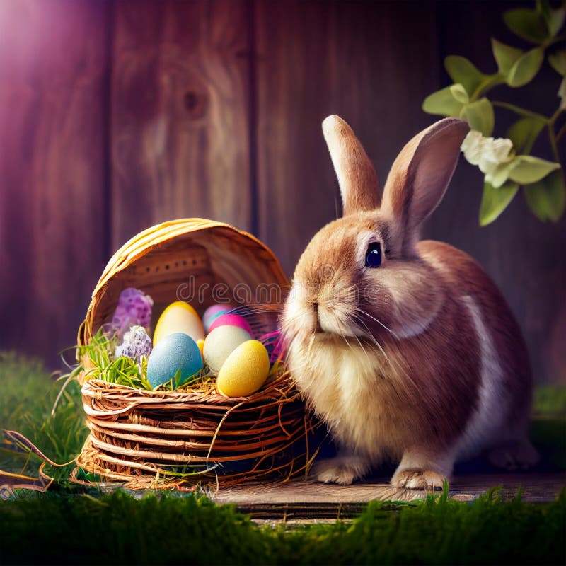 Fluffy Easter Bunny with a Basket of Festive Easter Eggs - AI Generated ...