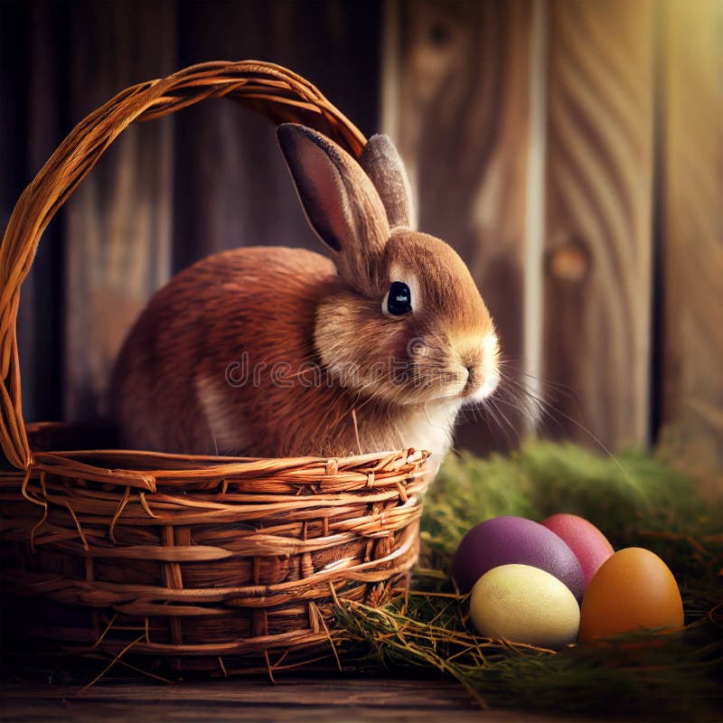 Fluffy Easter Bunny with a Basket of Festive Easter Eggs - AI Generated ...