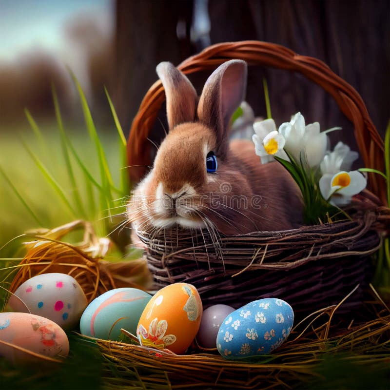 Fluffy Easter Bunny with a Basket of Festive Easter Eggs - AI Generated ...