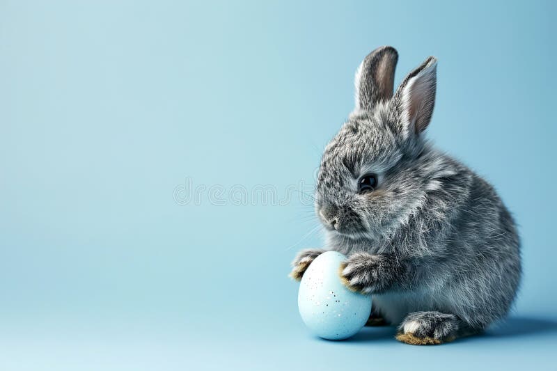 Fluffy Easter Bunny with a Blue Painted Egg on a Blue Background Stock ...