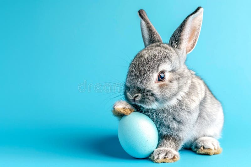 Fluffy Easter Bunny with a Blue Painted Egg on a Blue Background Stock ...