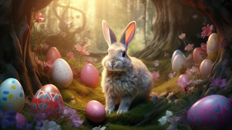 Fluffy Easter Bunny and Colored Eggs in Magic Fairy Tale Forest. Spring ...