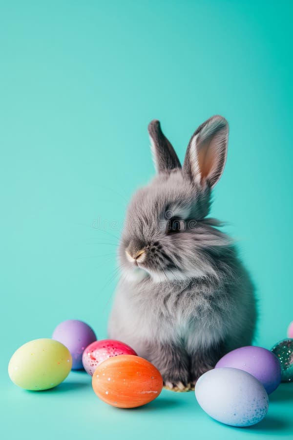 Fluffy Easter Bunny on a Pastel Background with Colored Easter Eggs ...