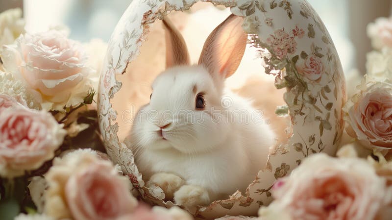 A Fluffy Easter Bunny Peeks Out from an Egg-shaped Frame Stock Image ...