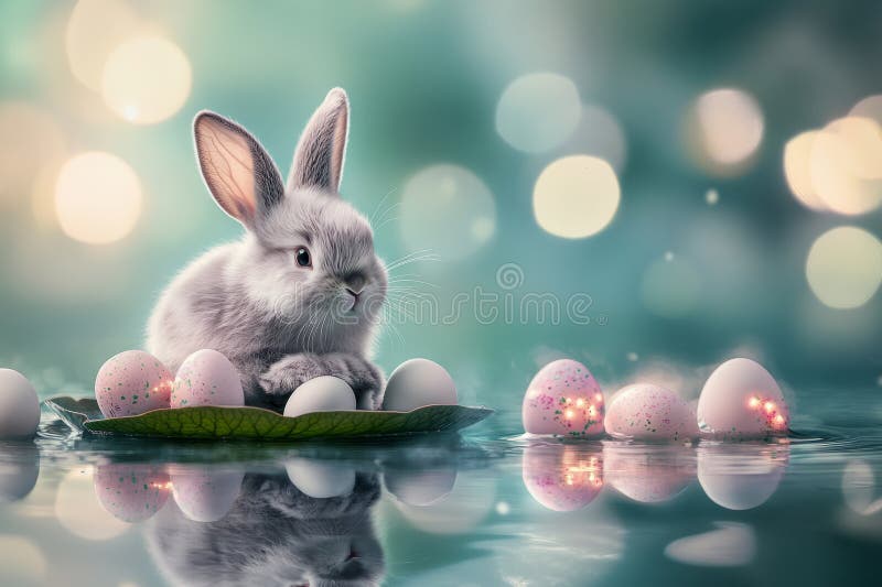 A Fluffy Easter Bunny Sitting Atop a Floating Lily Pad in a Tranquil ...