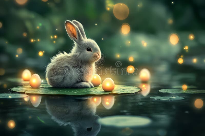 A Fluffy Easter Bunny Sitting Atop a Floating Lily Pad in a Tranquil ...