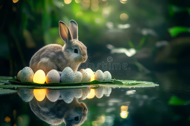 Fluffy Easter Bunny Sitting Atop Floating Lily Pad Tranquil Pond Gazing ...