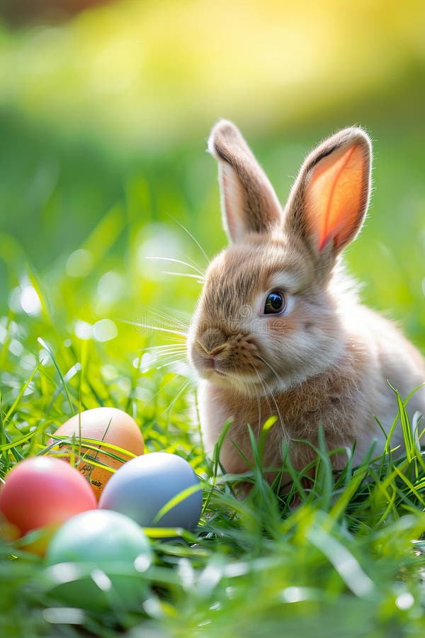 Fluffy Easter Bunny Sitting in Grass with Colored Easter Eggs, Easter ...