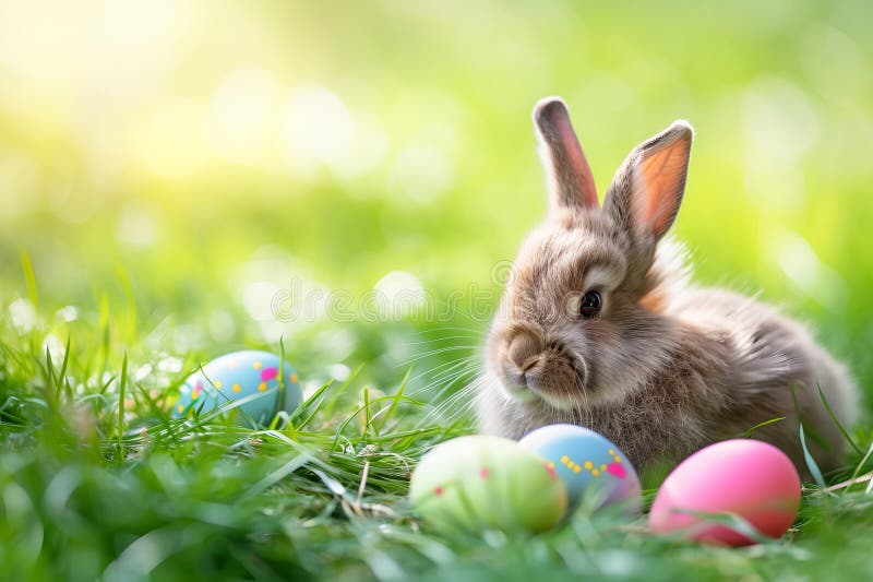 Fluffy Easter Bunny Sitting in Grass with Colored Easter Eggs, Easter ...