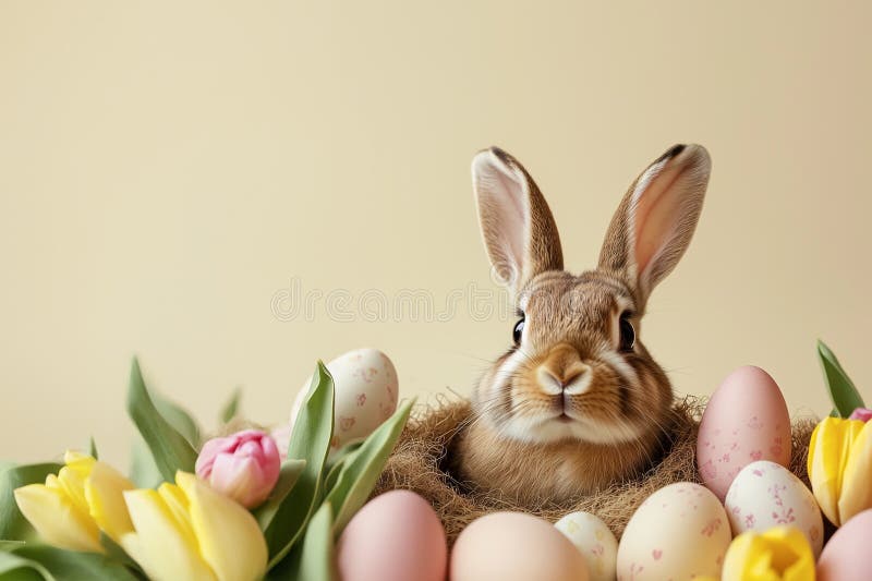 The Fluffy Easter Bunny with Soft Fur Sits Inside a Handcrafted Bird S ...