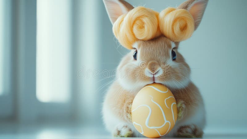 Cute Easter Bunny with Decorative Curls Holding an Easter Egg in a ...