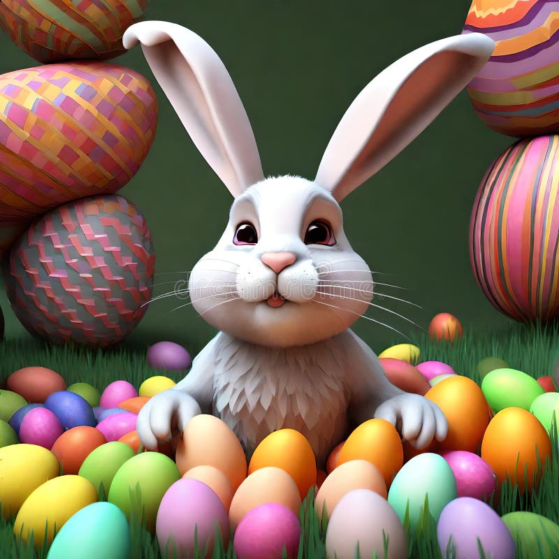Fluffy Easter Bunny Surrounded by Colorful Eggs Stock Illustration ...
