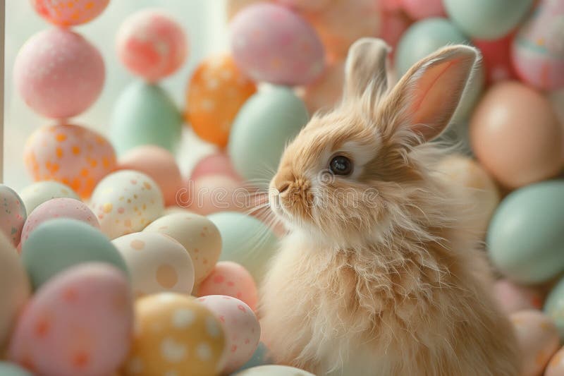 A Fluffy Easter Bunny Surrounded by Colorful Eggs Stock Photo - Image ...