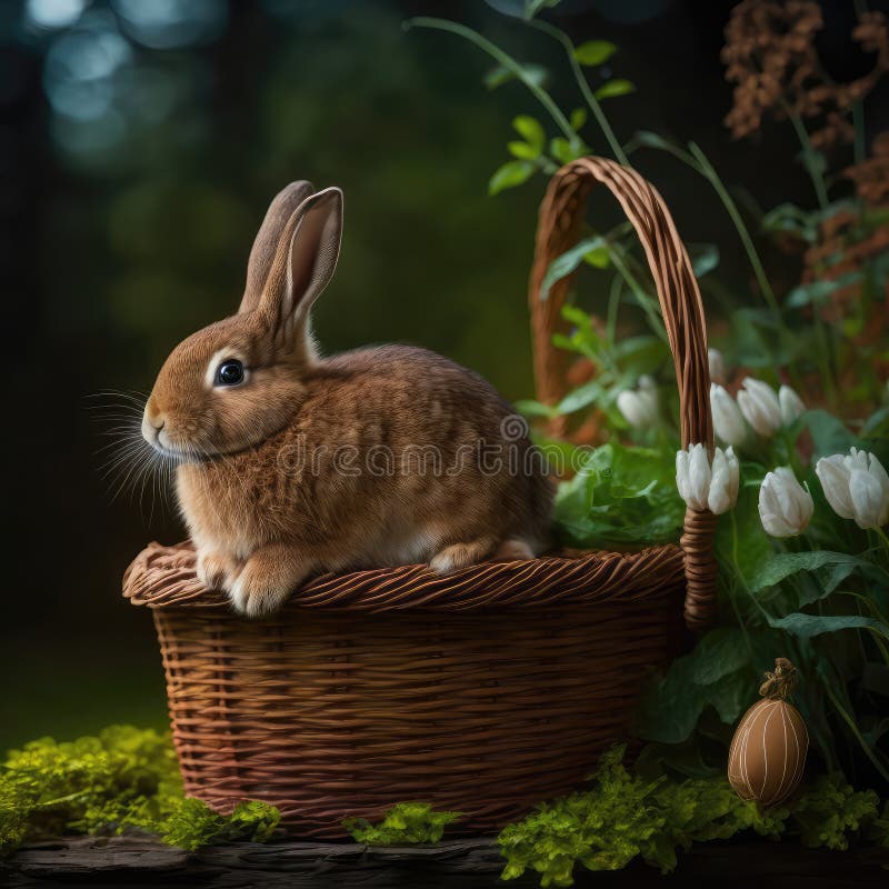 Fluffy Easter Bunny in a Wicker Basket on the Field .rustic Style Stock ...