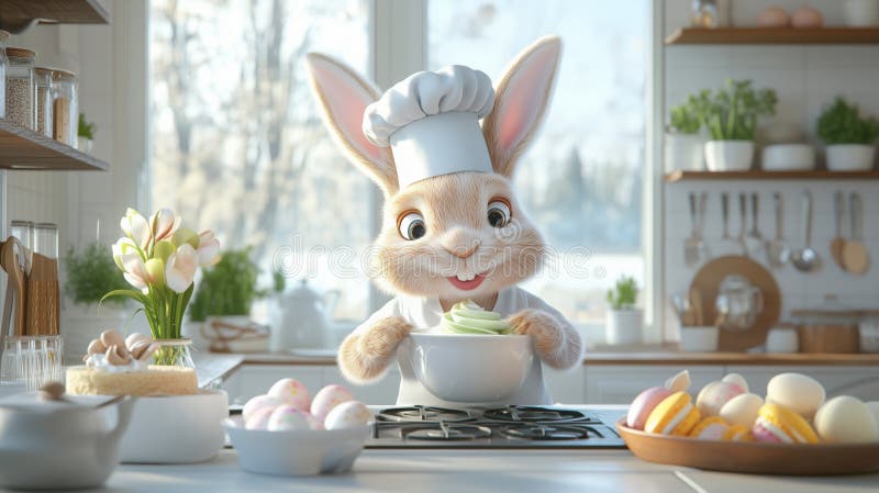 Cheerful Easter Bunny Chef Prepares Colourful Desserts in a Bright ...