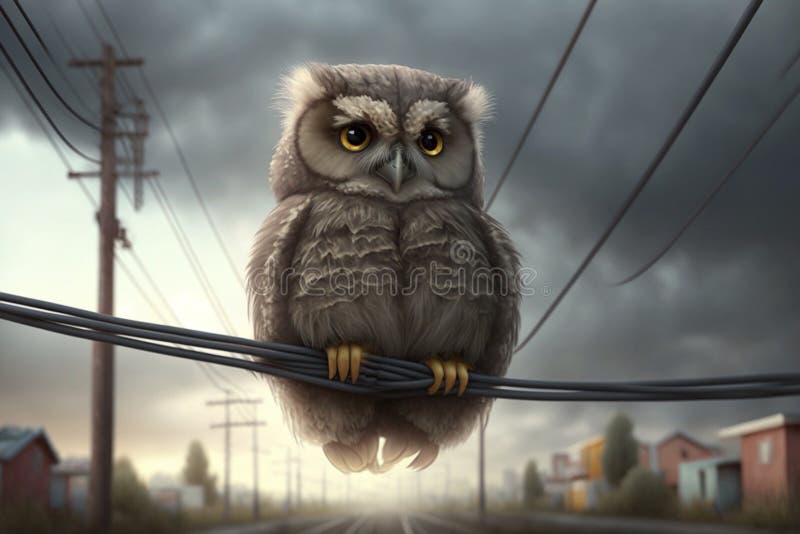 Fluffy Owl Sits on a Power Line in a City Stock Illustration ...
