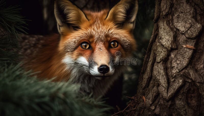Fluffy Fox in Winter Forest, Alert and Staring at Camera Generated by ...