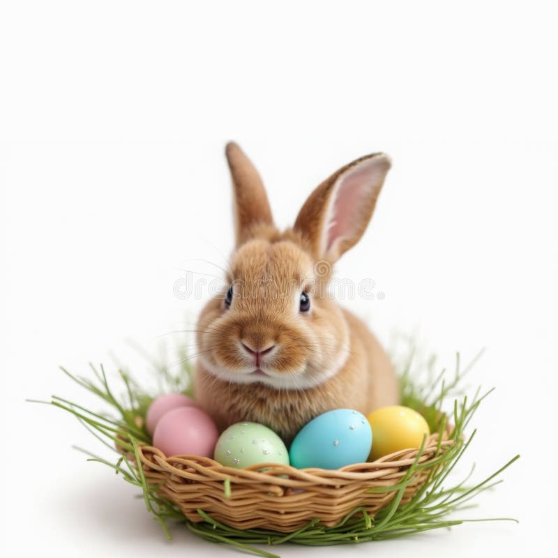 Fluffy Foxy Rabbit in Basket with Easter Eggs Stock Illustration ...