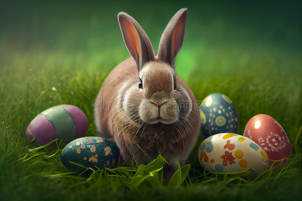Fluffy Foxy Rabbit on Grass with Easter Eggs in Park Stock Illustration ...