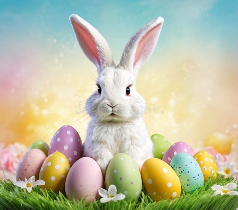 Fluffy Foxy Rabbit on Grass with Easter Eggs in Park Stock Photo ...