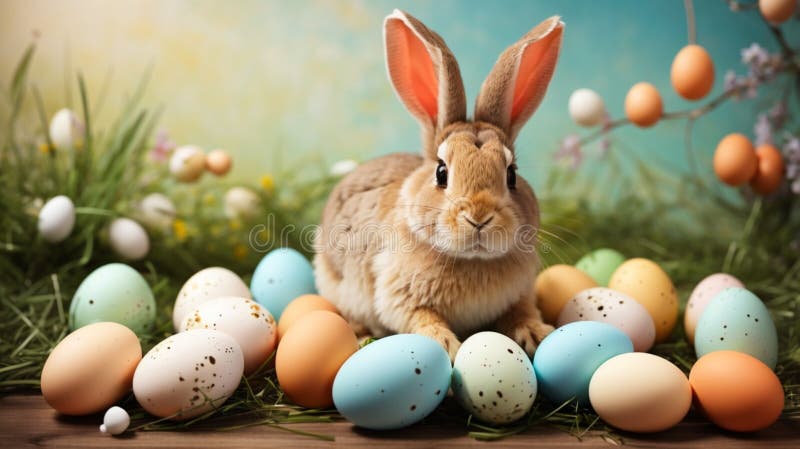 Fluffy Foxy Rabbit on Grass with Easter Eggs in Park Stock Image ...