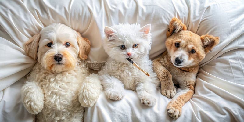 Fluffy Friends Cuddle in Bed with a Writing Utensil. Generative AI ...