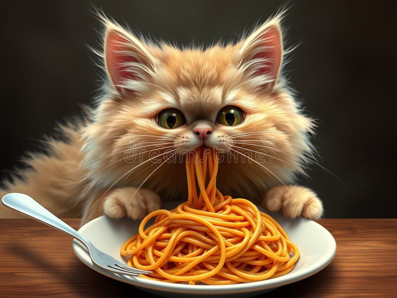 A Fluffy Funny Cat with Expressive Eyes Sitting at a Table with a Plate ...