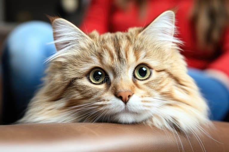 Fluffy Ginger Cat Resting Indoors with Curious Expression Stock Image ...