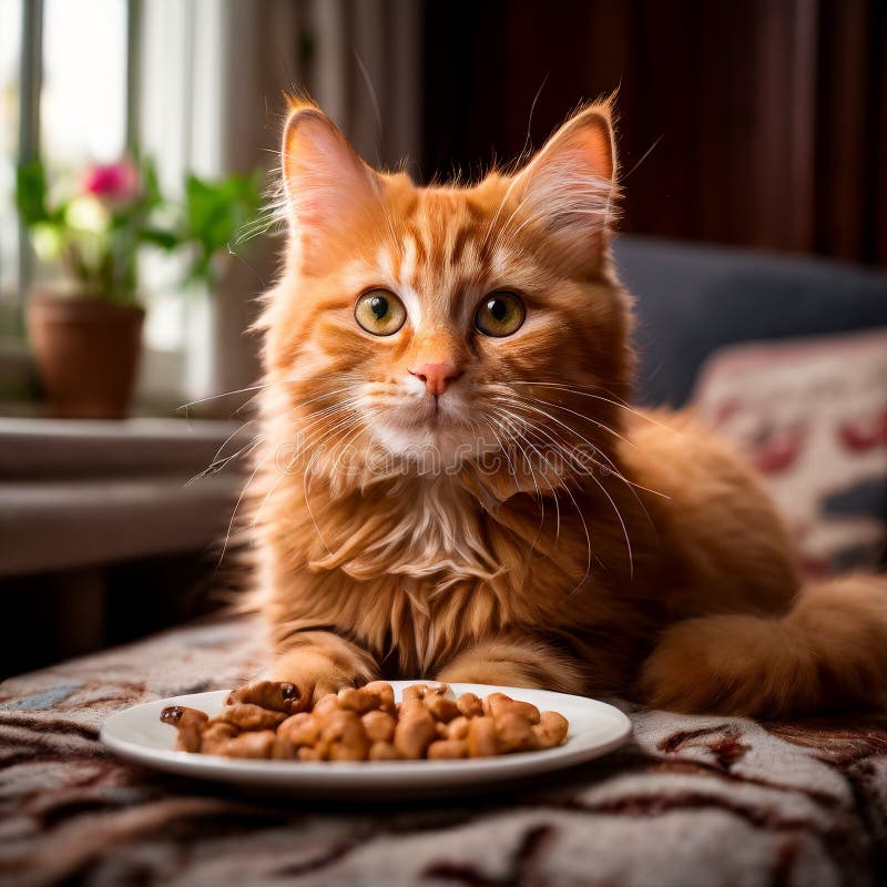 Fluffy Ginger Cat Sitting with a Plate of Walnuts Stock Image - Image ...