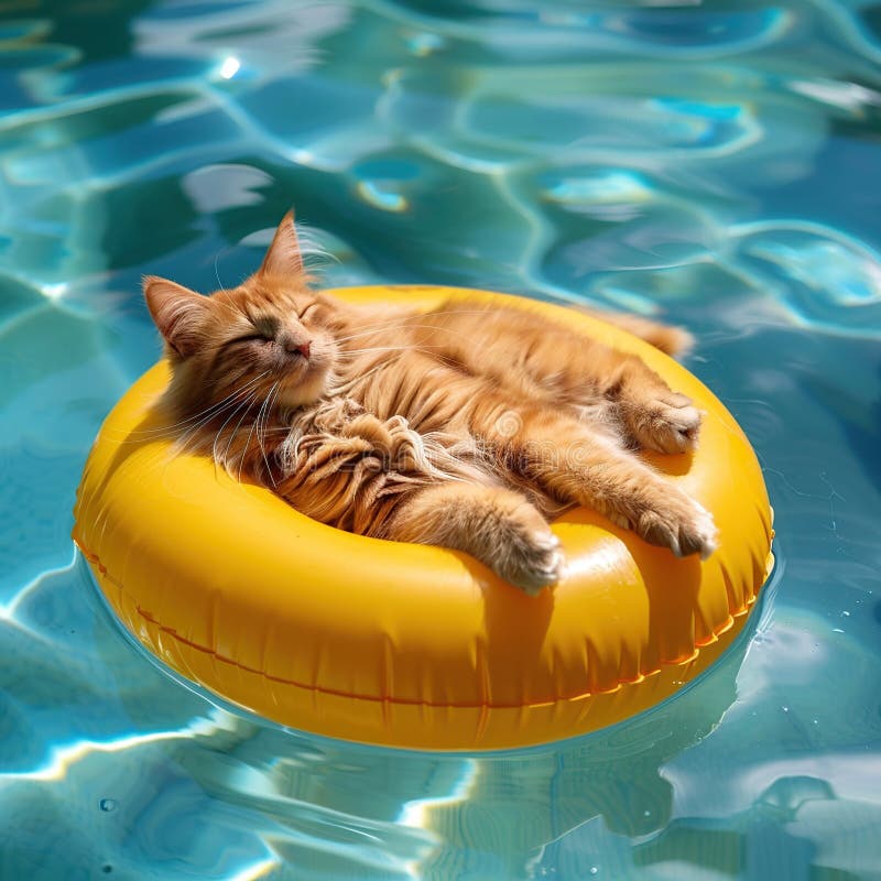 A Fluffy Ginger Cat Takes a Nap on a Yellow Pool Float in a Clear Blue ...