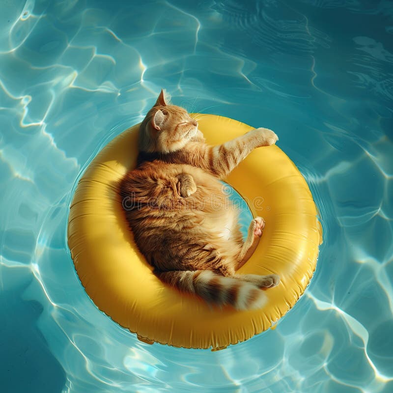 A Fluffy Ginger Cat Takes a Nap on a Yellow Pool Float in a Clear Blue ...