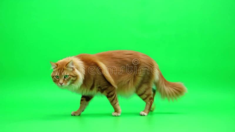 Fluffy Ginger Cat Walking Across Green Screen Studio Stock Video ...