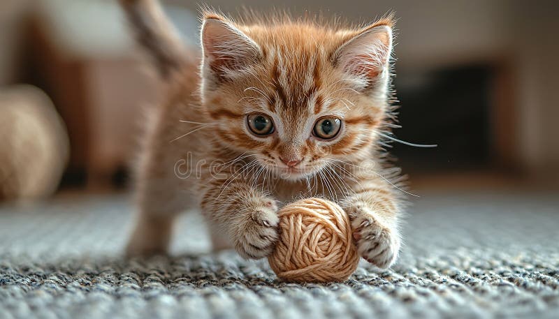 Fluffy Ginger Kitten Playing with Wool String Toy Generated by AI Stock ...