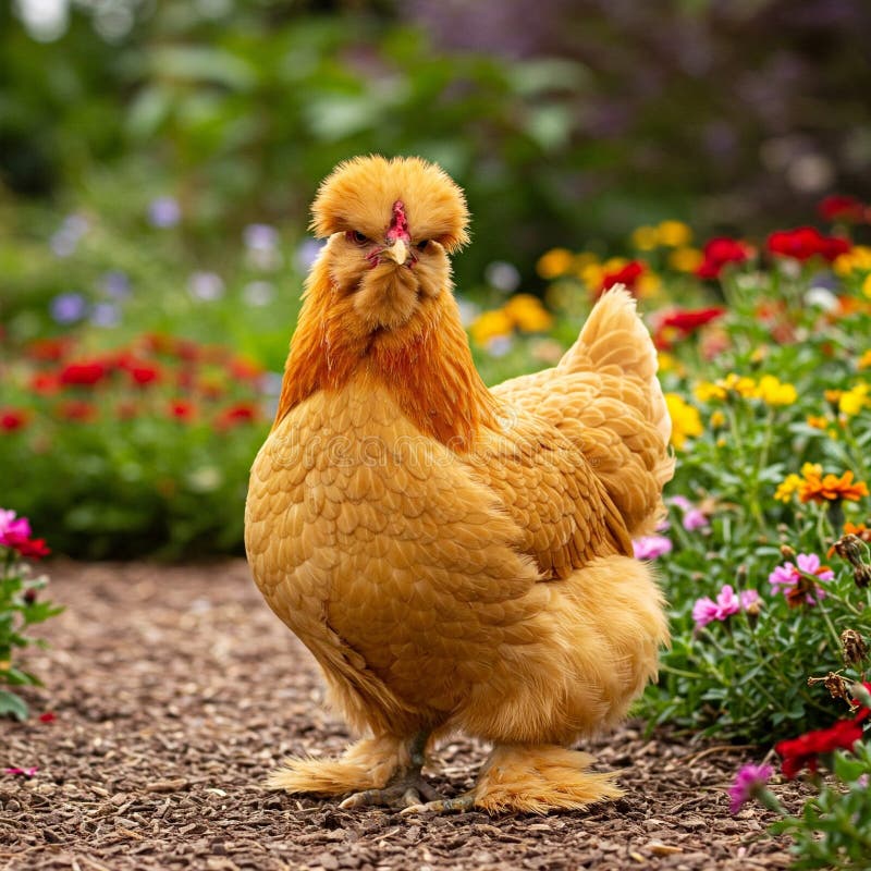 A Fluffy Golden Chicken with a Feathery Head Stands on a Path between ...