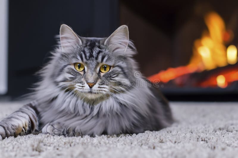 Fluffy Gray Cat Near the Fireplace Stock Image - Image of fluffy ...