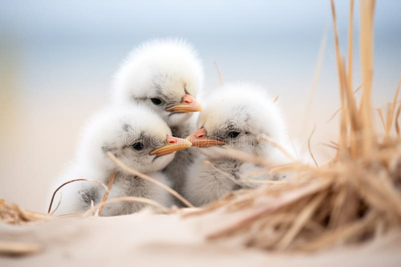 Fluffy Gull Chicks Huddled Together on a Beach Dune Stock Illustration ...