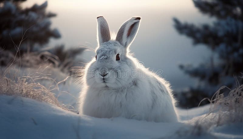 Fluffy Hare Sits in Snow, Ears Up Generated by AI Stock Illustration ...