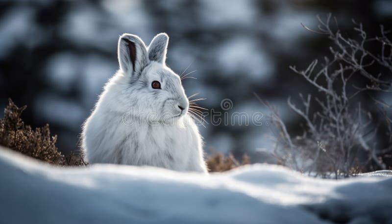 A Fluffy Hare Sits in the Snow, Looking at Camera Generated by AI Stock ...